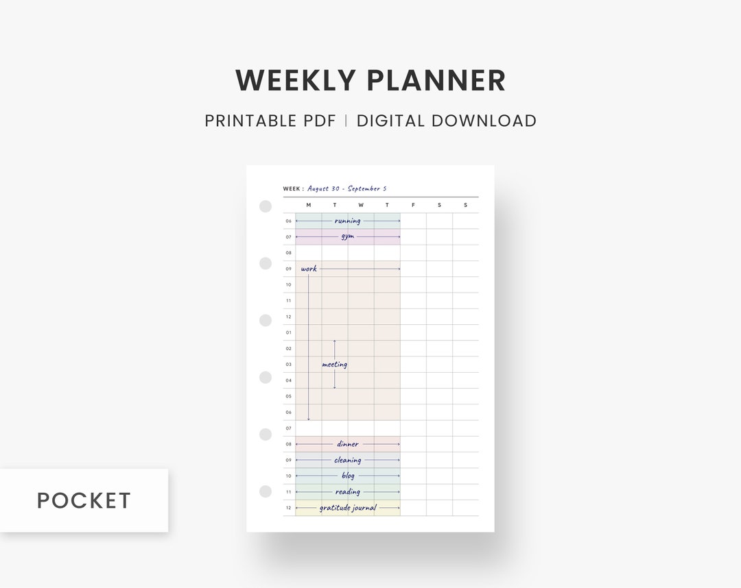 Pocket Inserts : Weekly Schedule Printable, Hourly Agenda Planner, Week ...