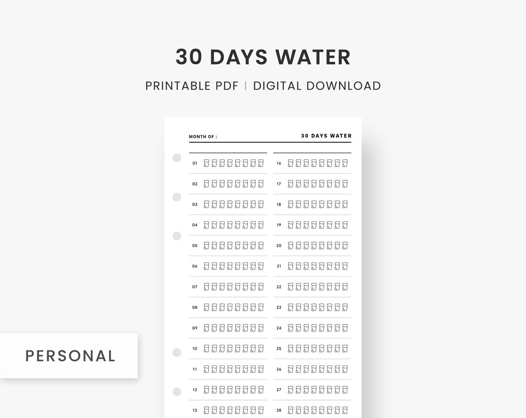 Personal Size Inserts : 30 Days Water Tracker Printable, Health Planner ...