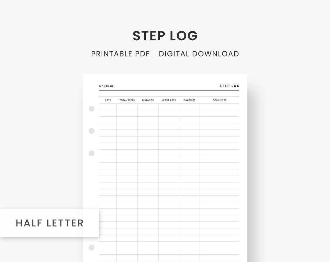 Step Log Printable, Step Tracker, Workout and Exercise Log, Half Letter ...