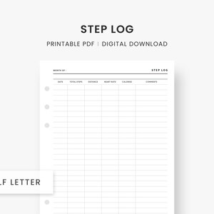 Step Log Printable, Step Tracker, Workout and Exercise Log, Half Letter ...