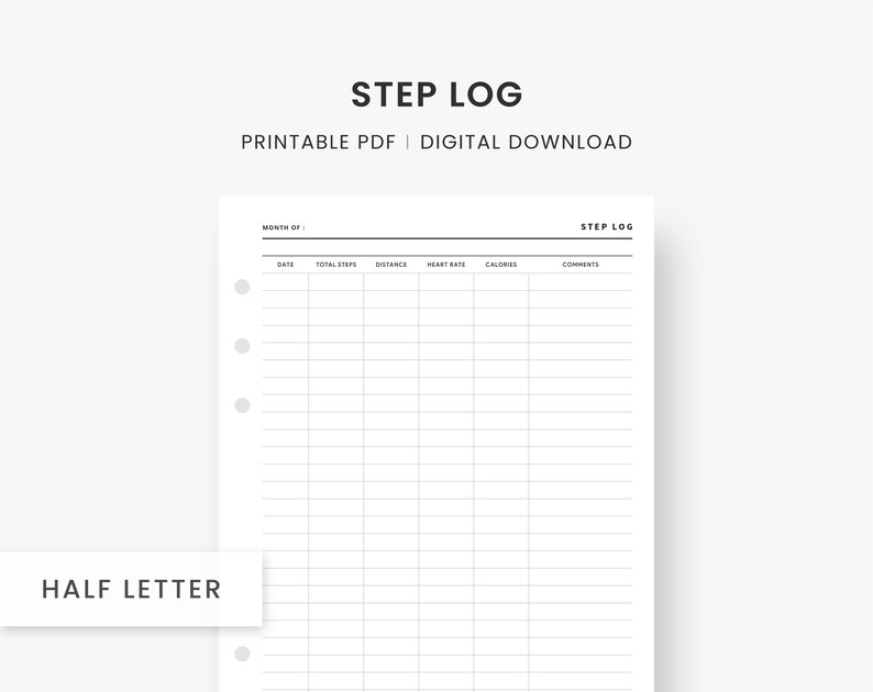 Step Log Printable, Step Tracker, Workout and Exercise Log, Half Letter ...