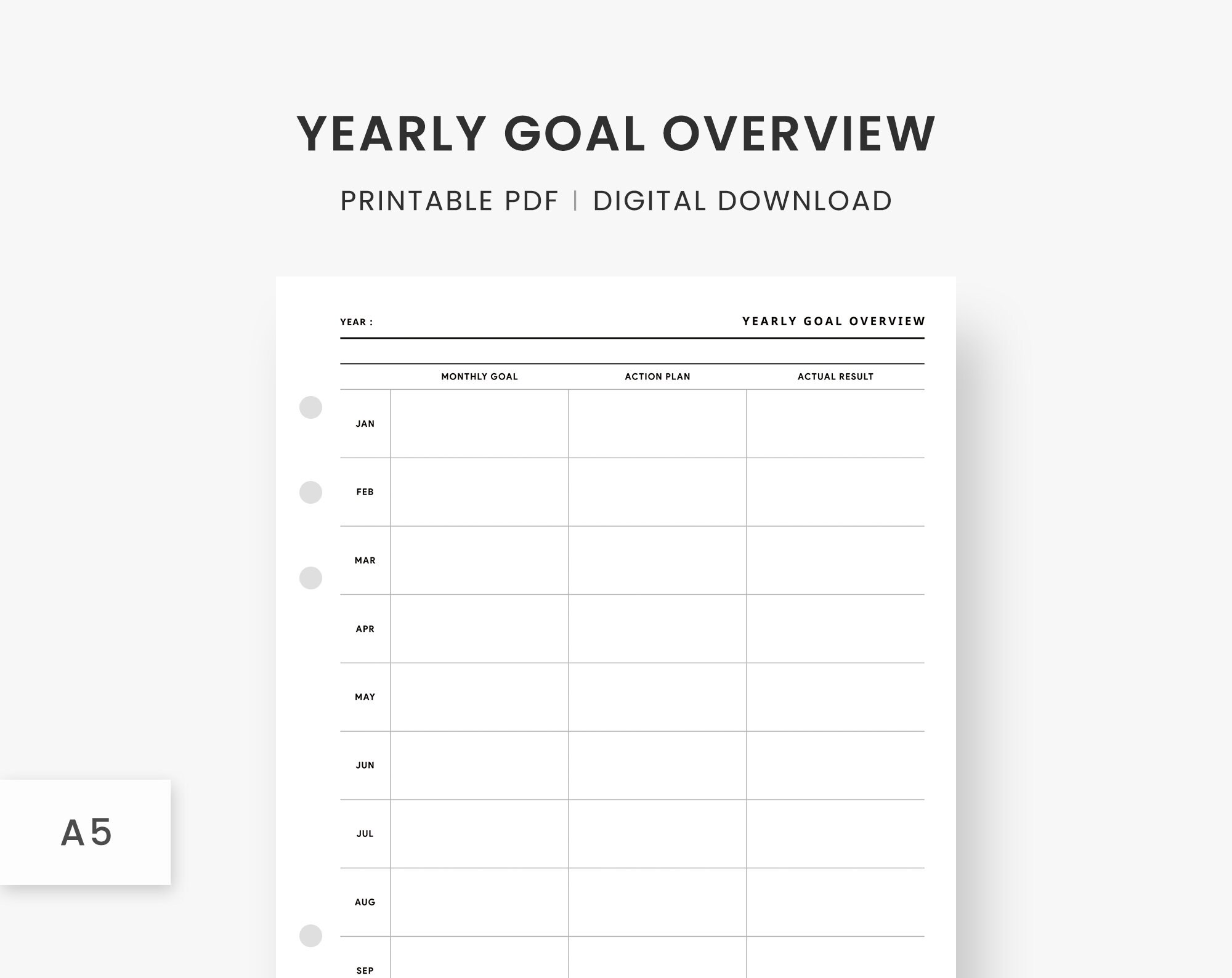 A5 Inserts : Yearly Goal Overview Printable, Goal Planner, Goal ...
