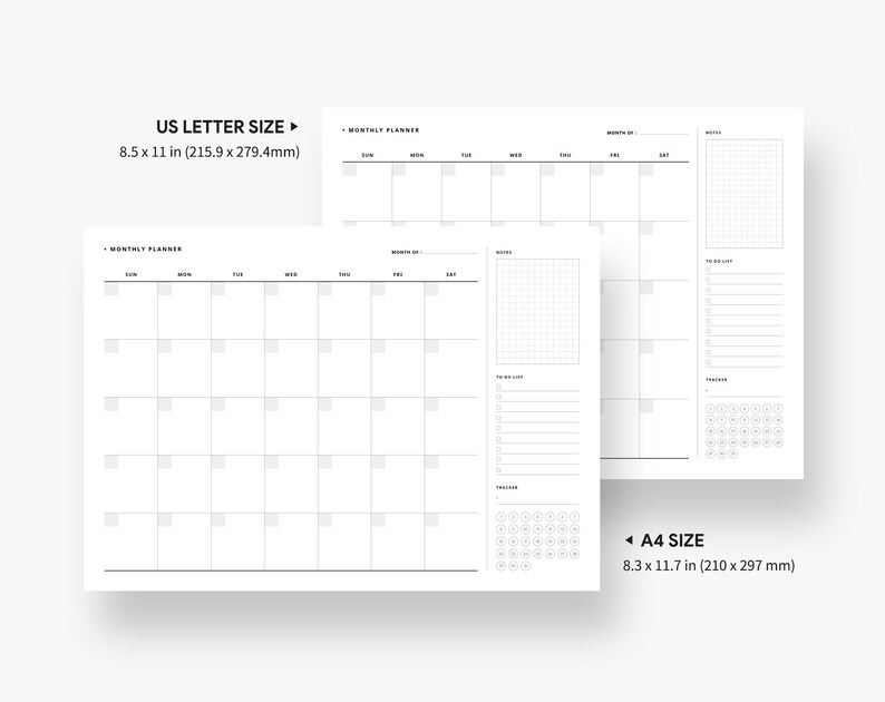 Monthly Overview Undated Blank Calendar, US Letter, A4 Size Horizontal ...