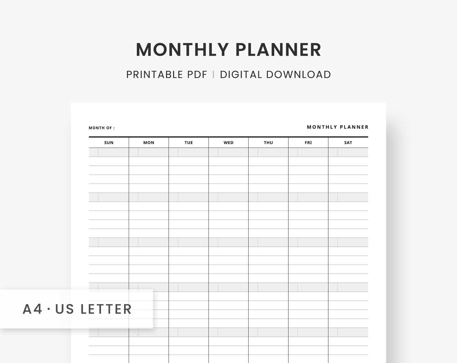 Undated Vertical Monthly Printable Planner, A4, & Letter Month Overview ...