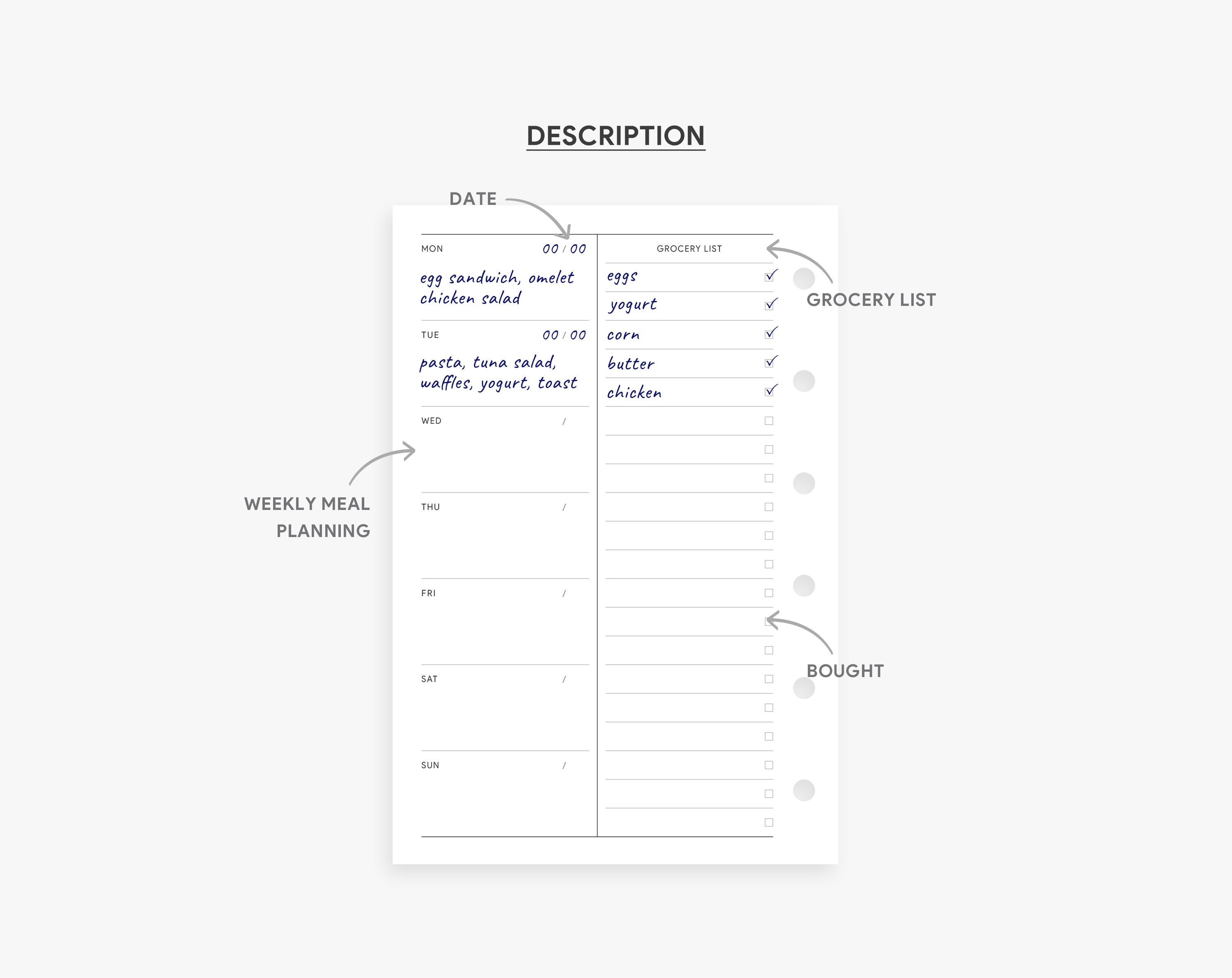 Pocket Inserts : Weekly Meal Planner Printable Week Menu - Etsy