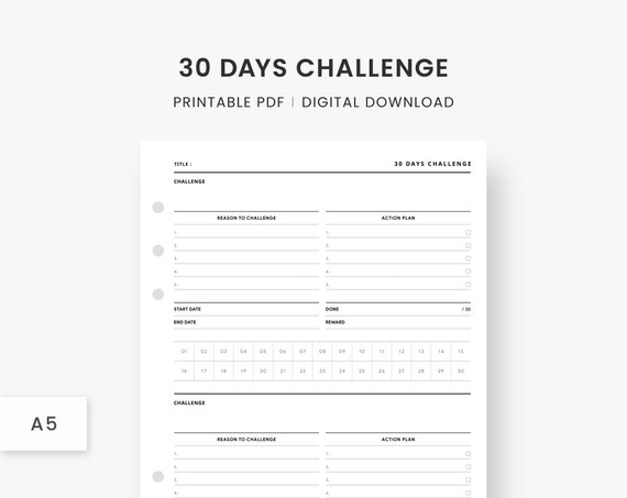 A5 Inserts : 30 Days Challenge Tracker Printable Habit | Etsy