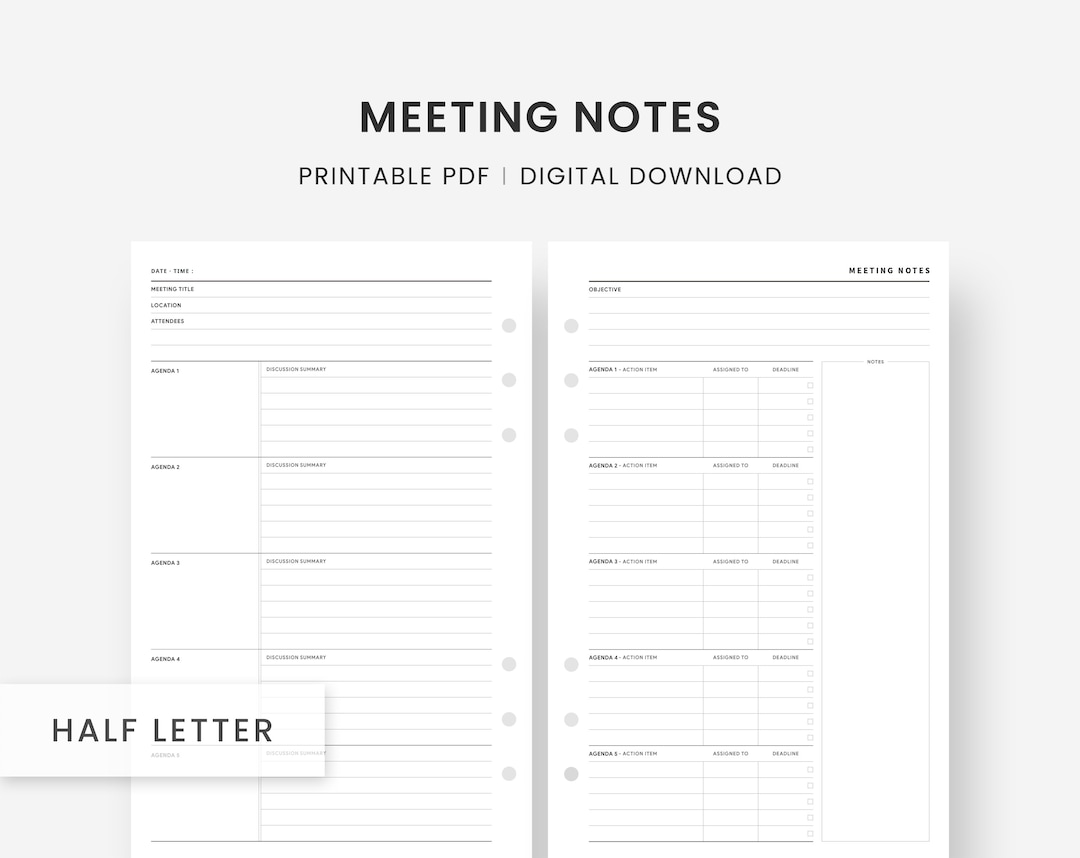Meeting Notes With Meeting Agenda, Meeting Minutes for Business, Half ...