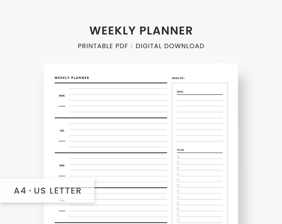 A4, US Letter Size Undated Week on One Page Planner, Printable ...