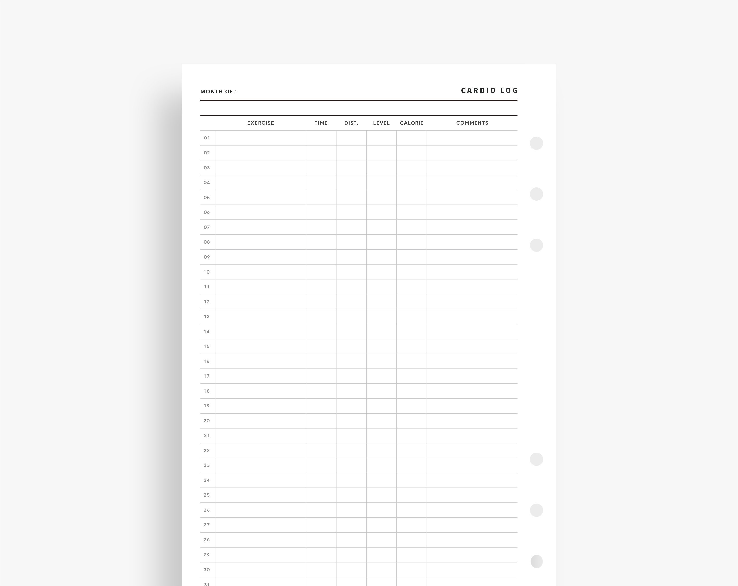 Workout Log Printable, Half Letter Inserts, Cardio Log, Monthly ...