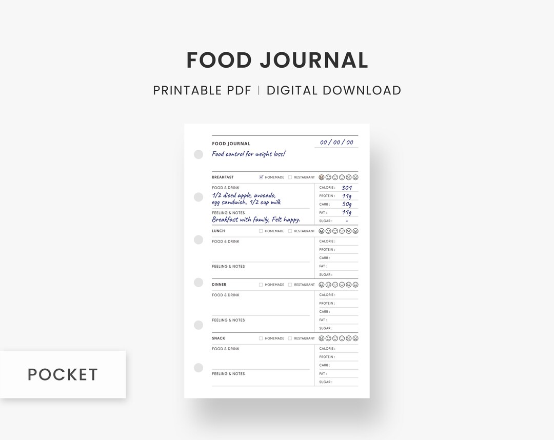 Pocket Inserts : Food Journal Printable, Food Diary, Food Tracker, Food ...