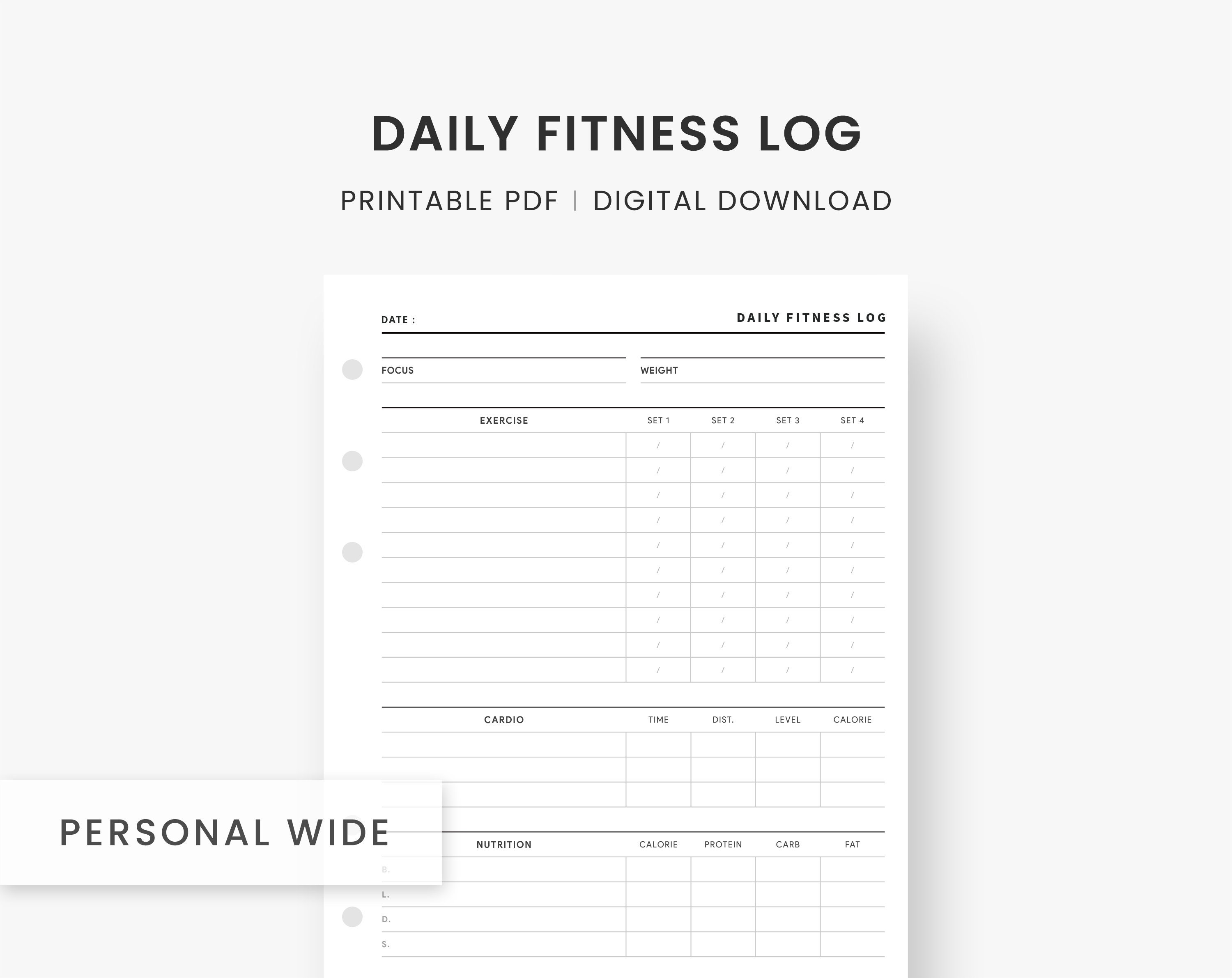 Daily Fitness Log Printable, Personal Wide Inserts, Fitness Tracker ...