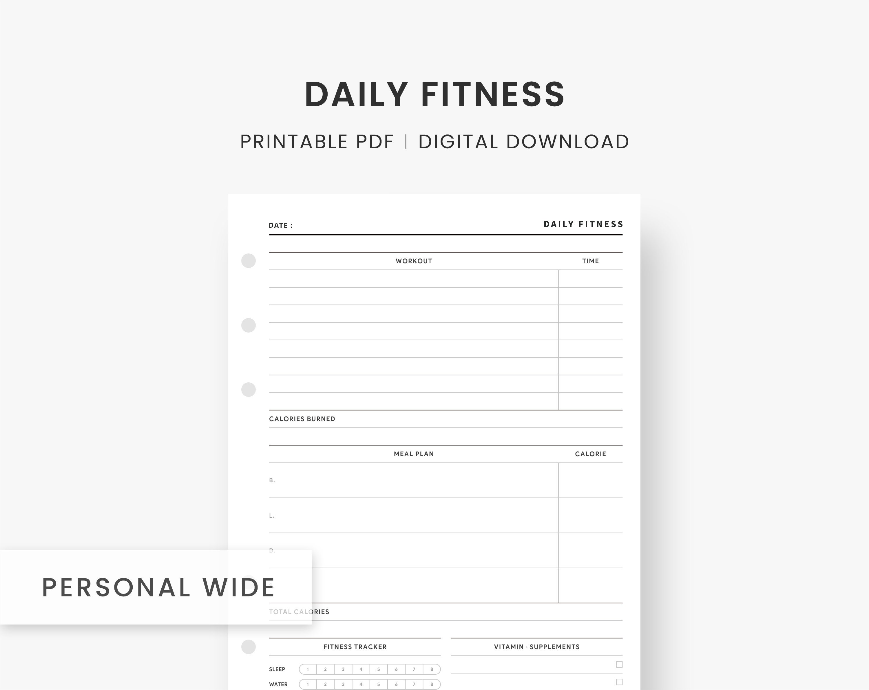 Daily Fitness Planner Printable, Personal Wide Inserts, Fitness Journal ...