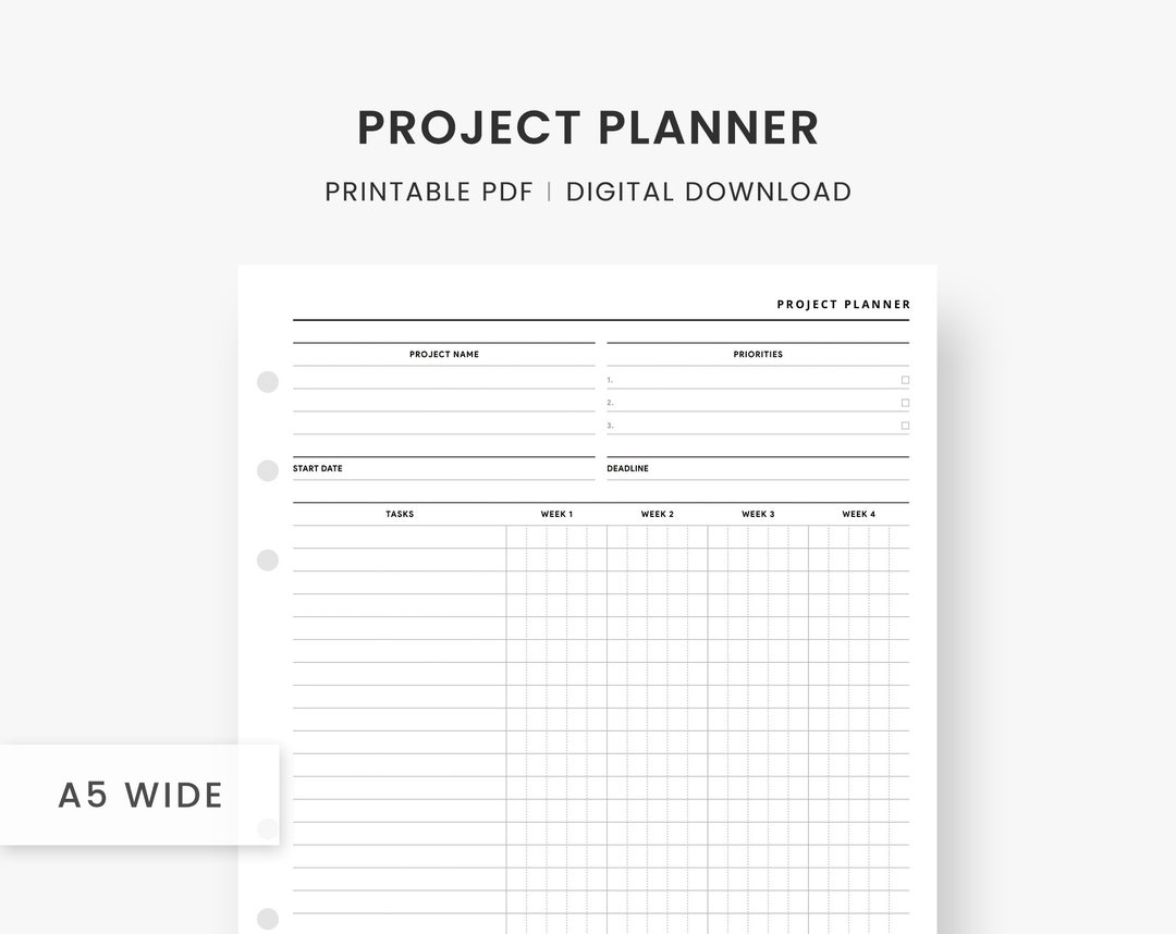 A5 Wide Inserts : Project Planner Printable, Work Productivity, Project ...