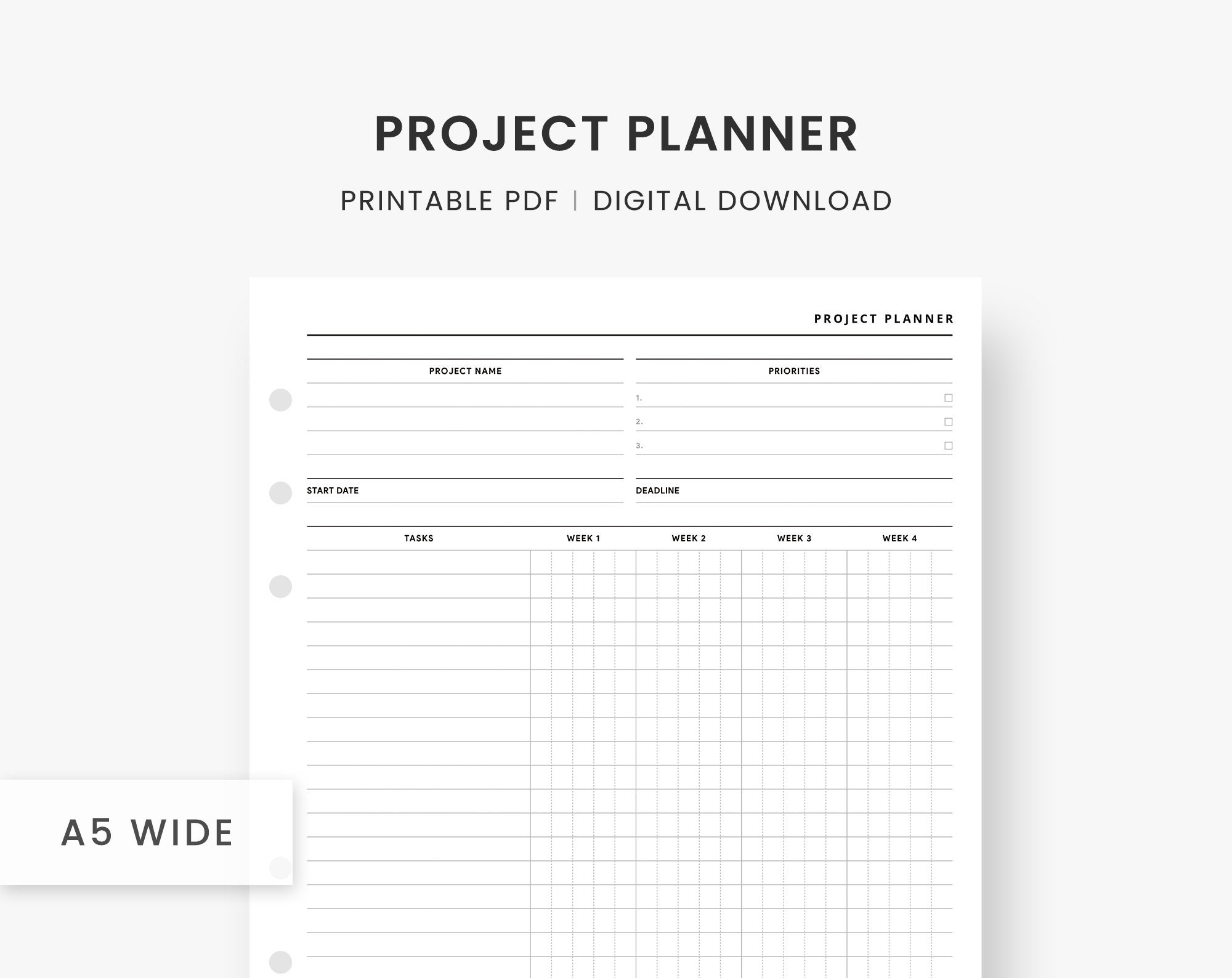 A5 Wide Inserts : Project Planner Printable, Work Productivity, Project ...