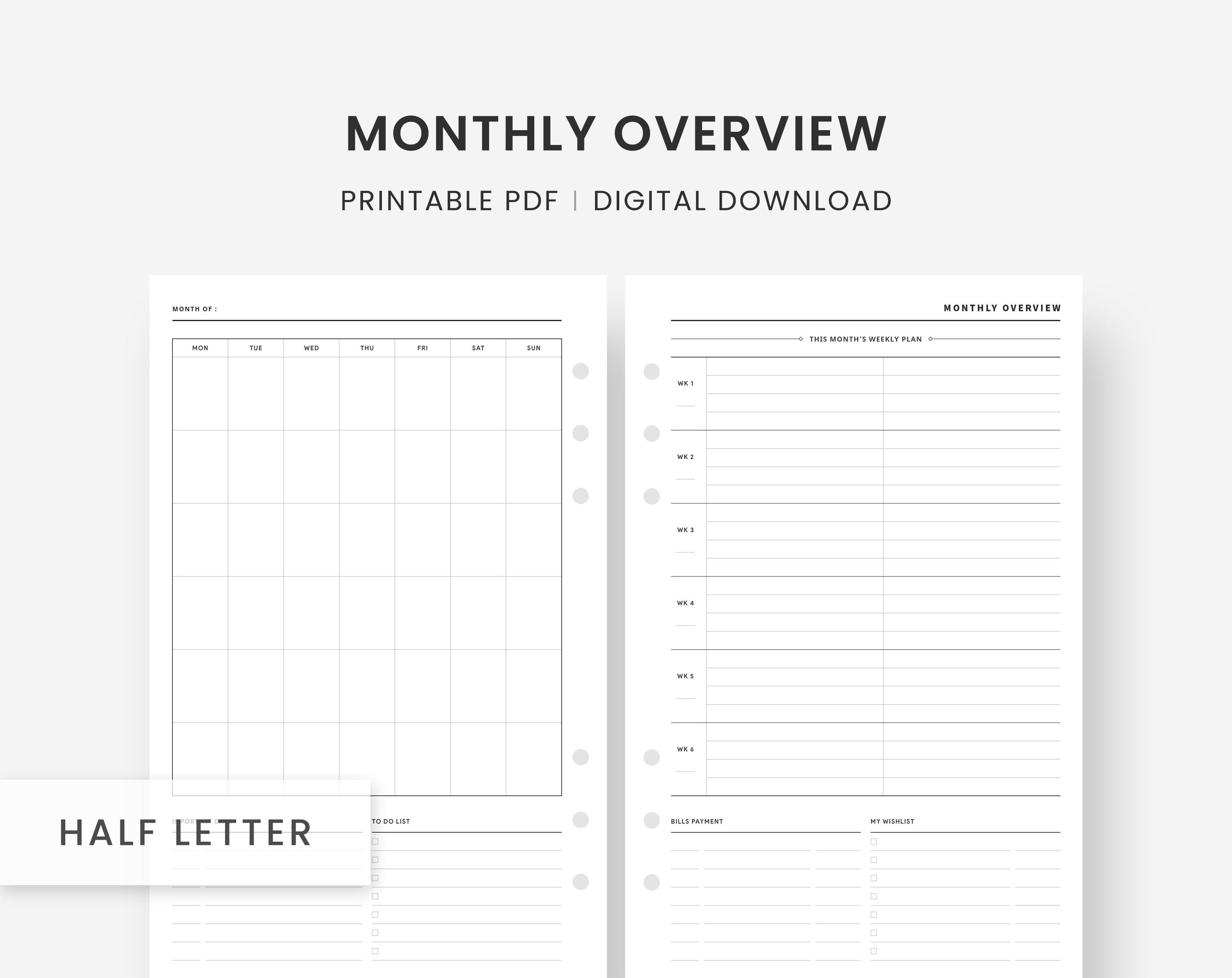 Monthly Planner Printable, Monthly Overview Template, Monthly Calendar ...