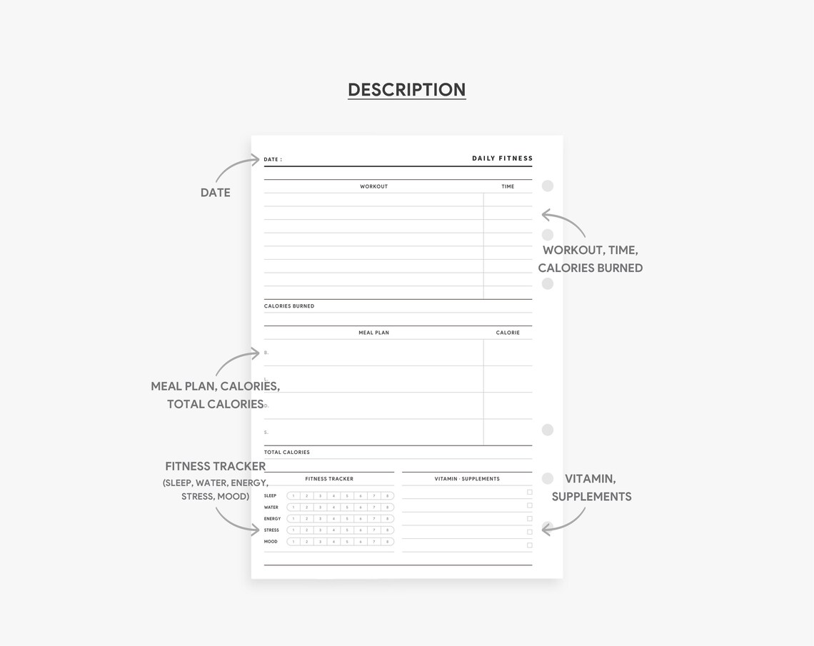 Daily Fitness Planner Printable, Personal Wide Inserts, Fitness Journal ...