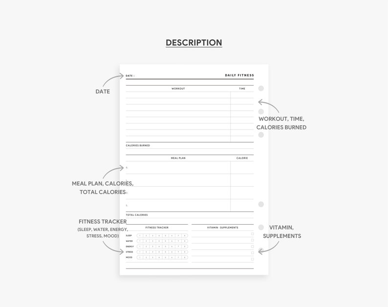Daily Fitness Planner Printable, Personal Wide Inserts, Fitness Journal ...