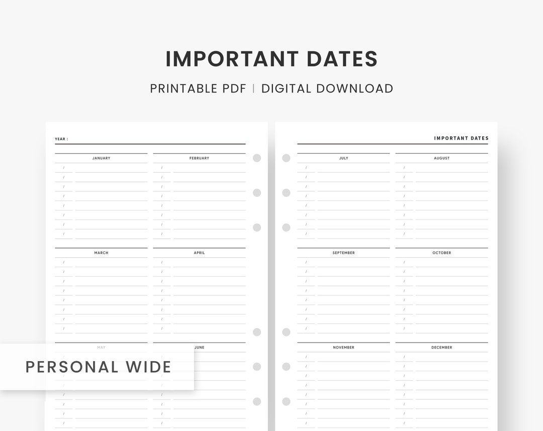 Important Dates Printable, Personal Wide Inserts, Birthday Tracker ...