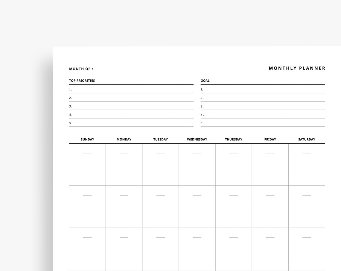 Monthly Planner Printable, Month on One Page Inserts With Goal and ...