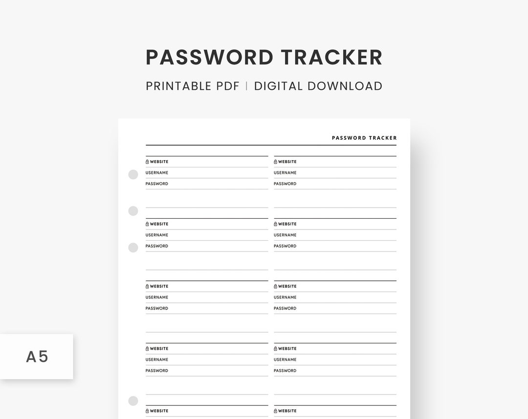 A5 Inserts : Password Tracker Printable, Password List Planner Page ...