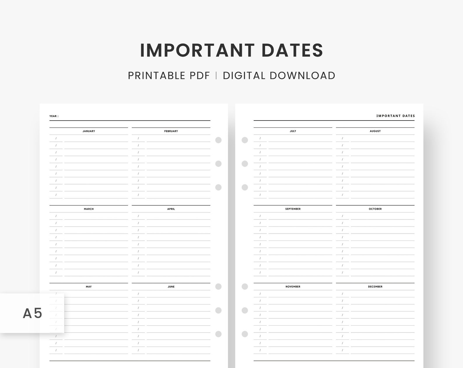 A5 Inserts : Important Dates Printable, Year at a Glance, Birthday and ...