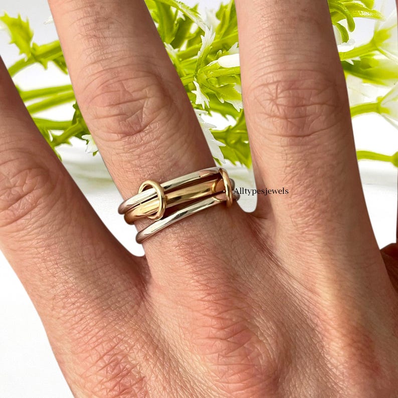 14k Two Tone Link Connected Rings, Interlocking Ring, Gold and Silver ...