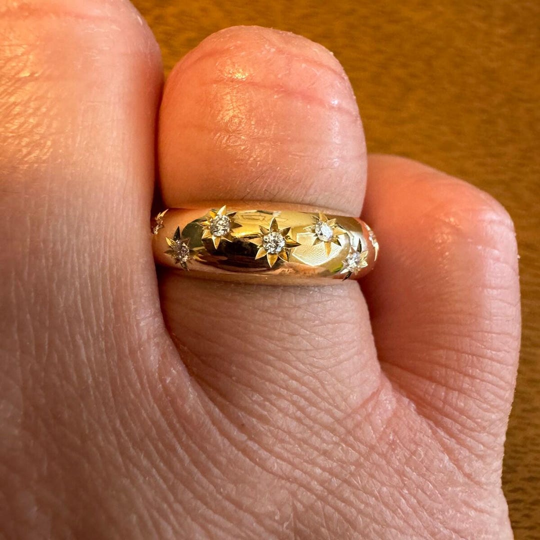 Diamond Starburst Ring 14k Solid Gold Star Setting Diamond Ring Dome ...