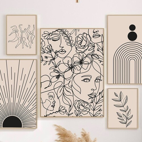 Wall Art Set of 5 Mid Century Wall Line Art Print Set | Etsy