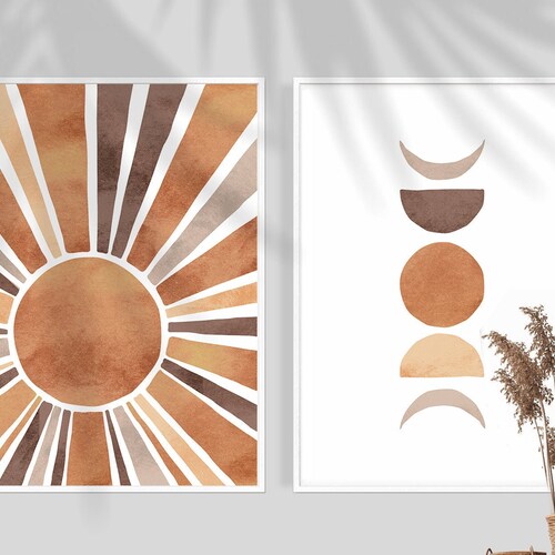 Sun and Moon Print Set of 2 Woodblock Abstract Landscape | Etsy