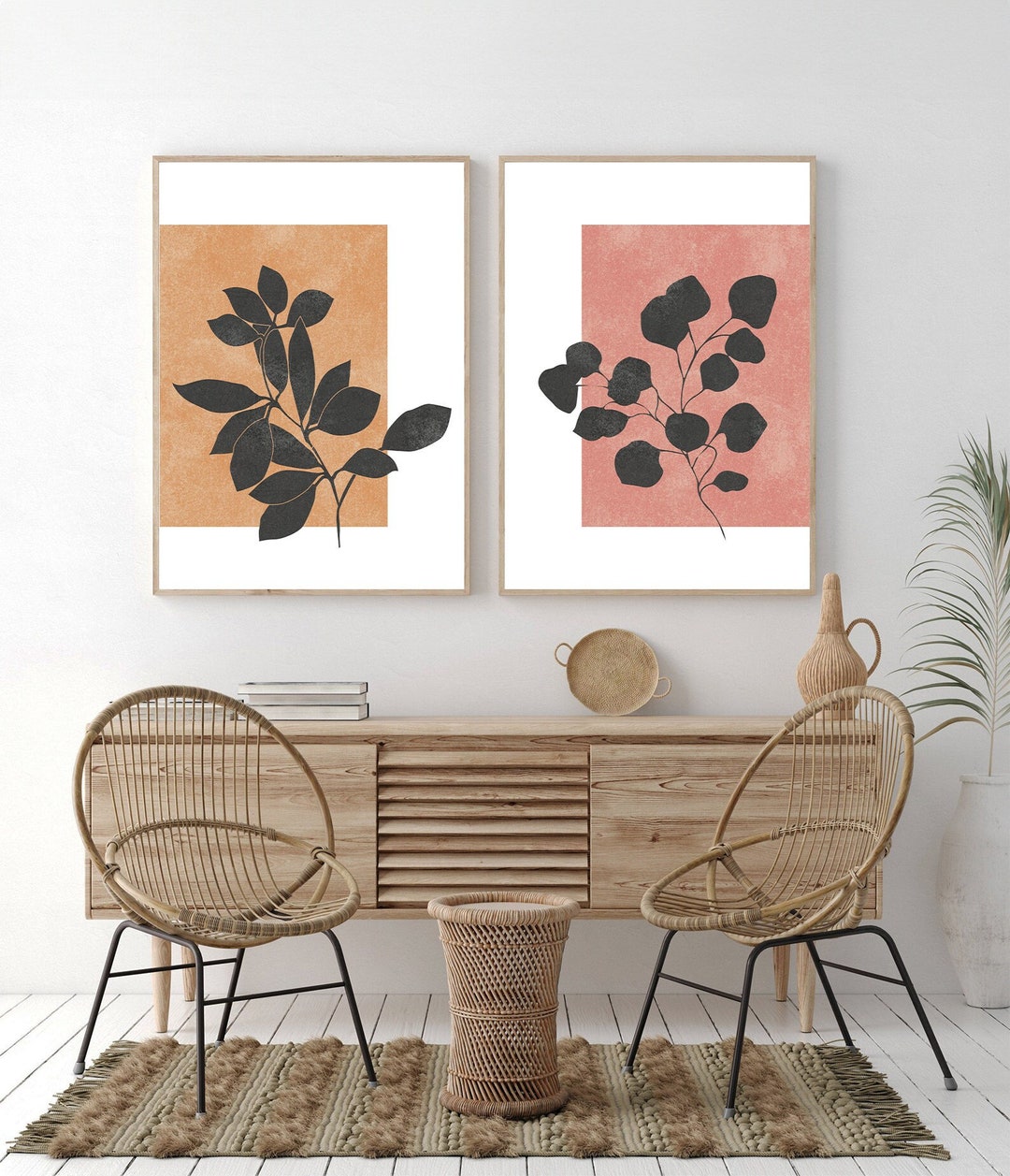 Abstract Botanical Print Set of 2, Botanical Boho Wall Art, Mid Century ...