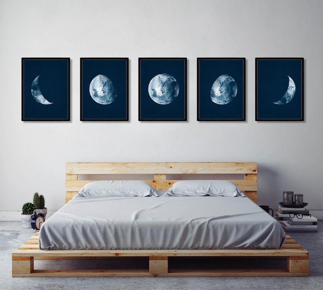 Gallery Wall Set Moon Print Set, Navy Blue Moon Phase Wall Art, Set of ...