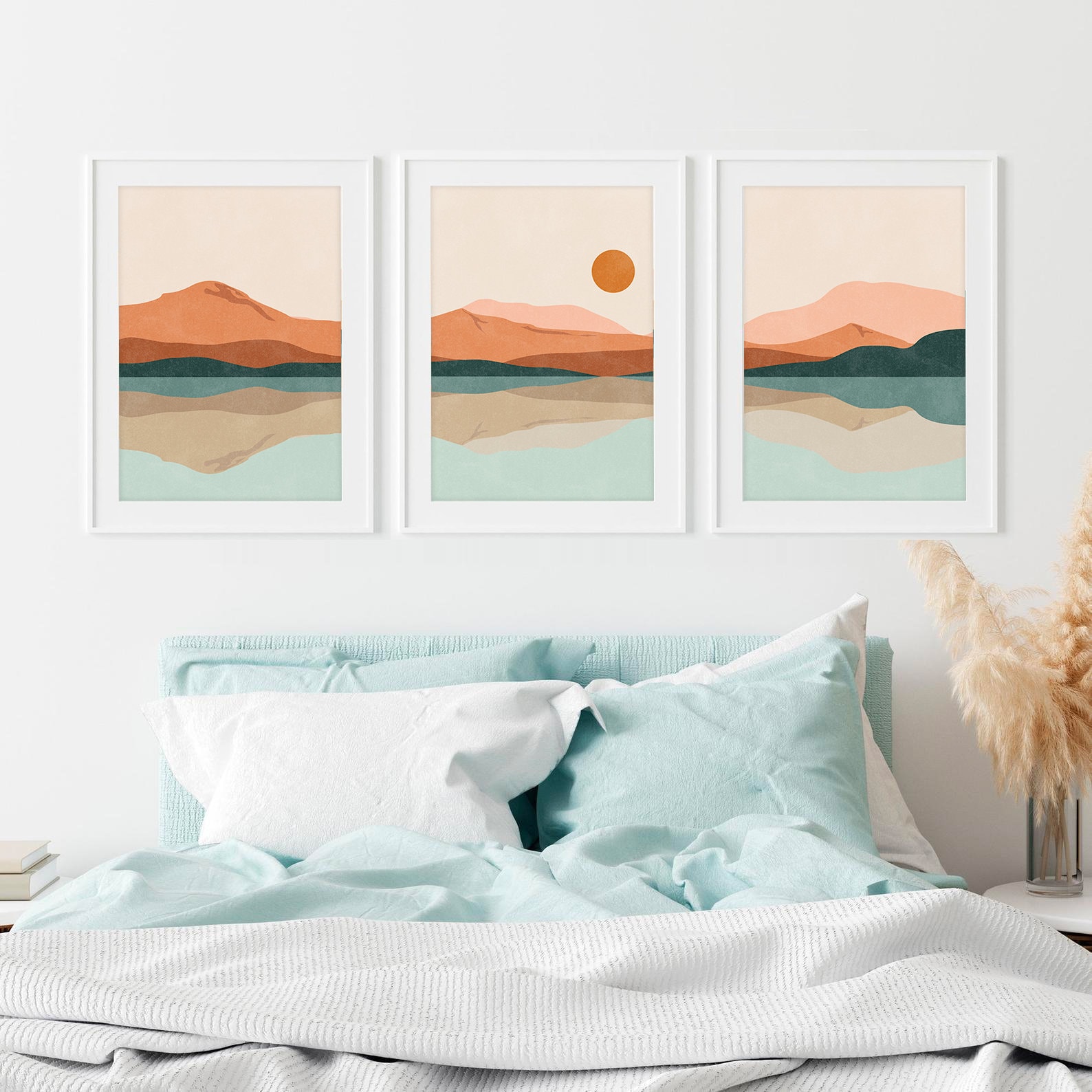 Abstract Mountain Print Set of 3 Mid Century Modern Blue | Etsy
