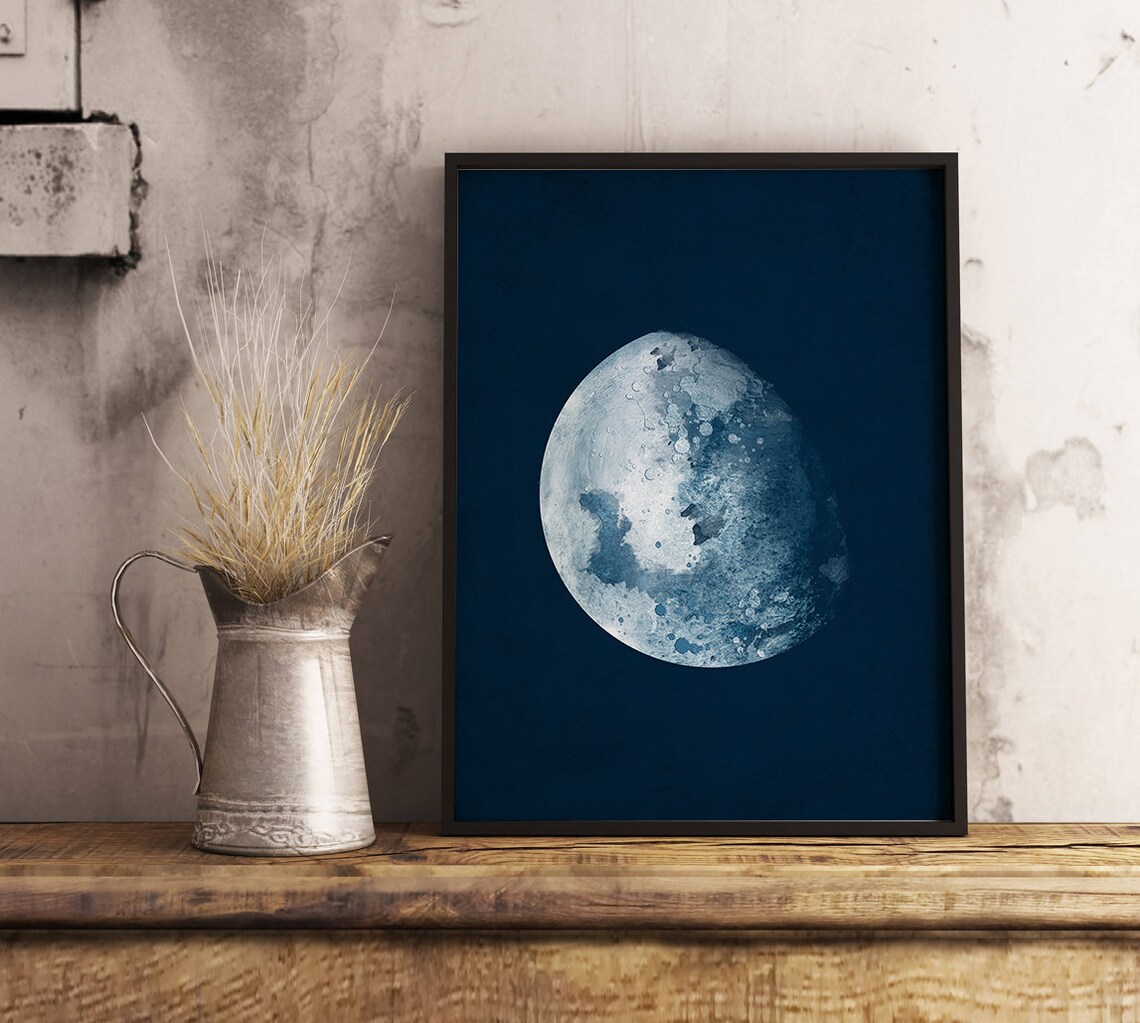 Gallery Wall Set Moon Print Set, Navy Blue Moon Phase Wall Art, Set of ...