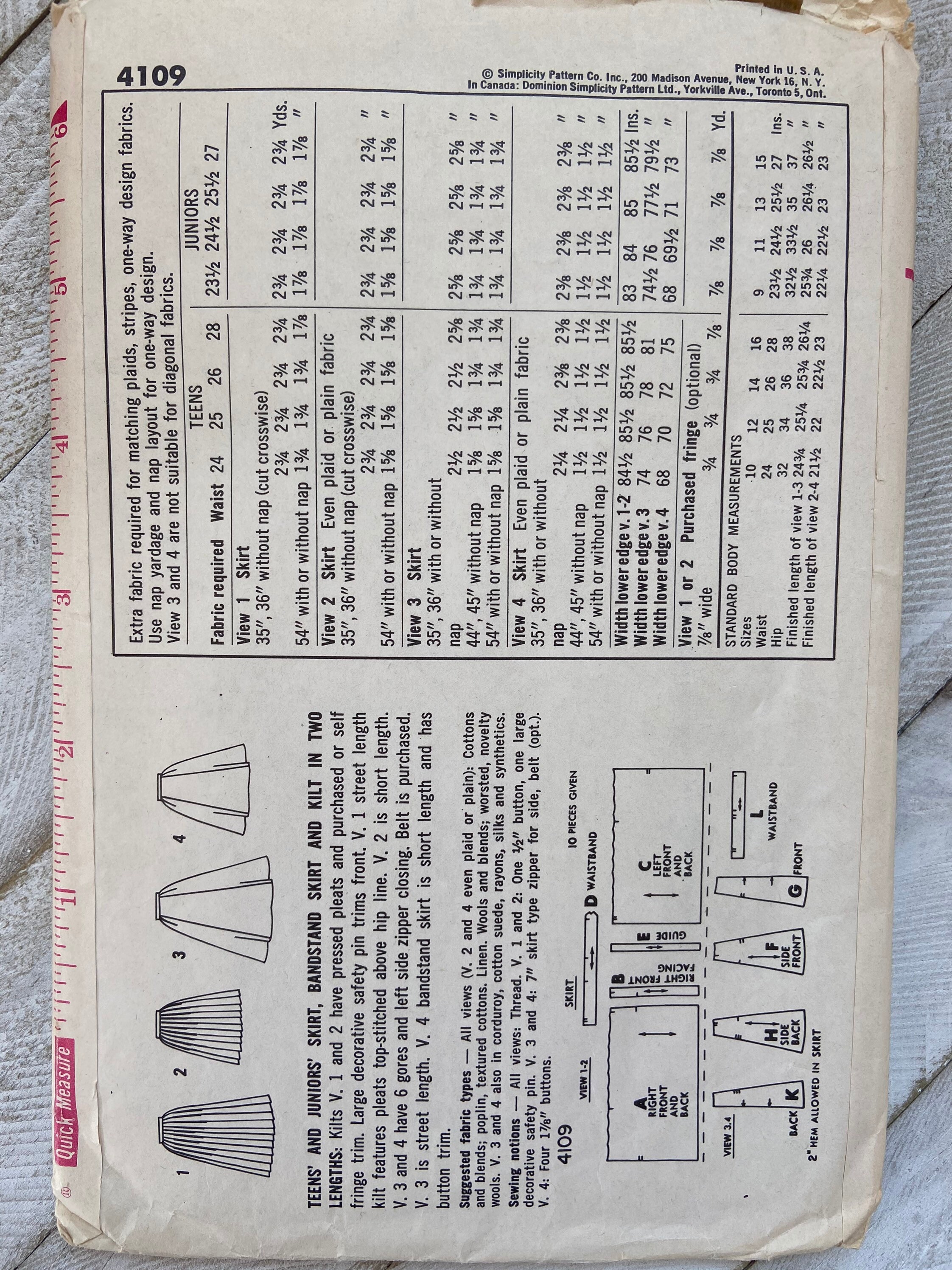 Simplicity 4109 : Vintage Kilt Skirt Junior Size 13 Sewing Pattern ...