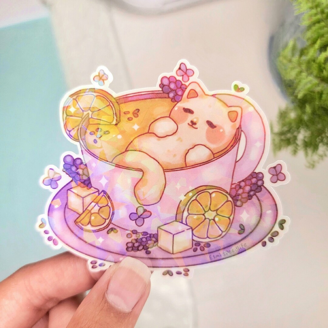 Lavender Lemon Latte Holographic Sticker Food Cat Sticker Latte ...