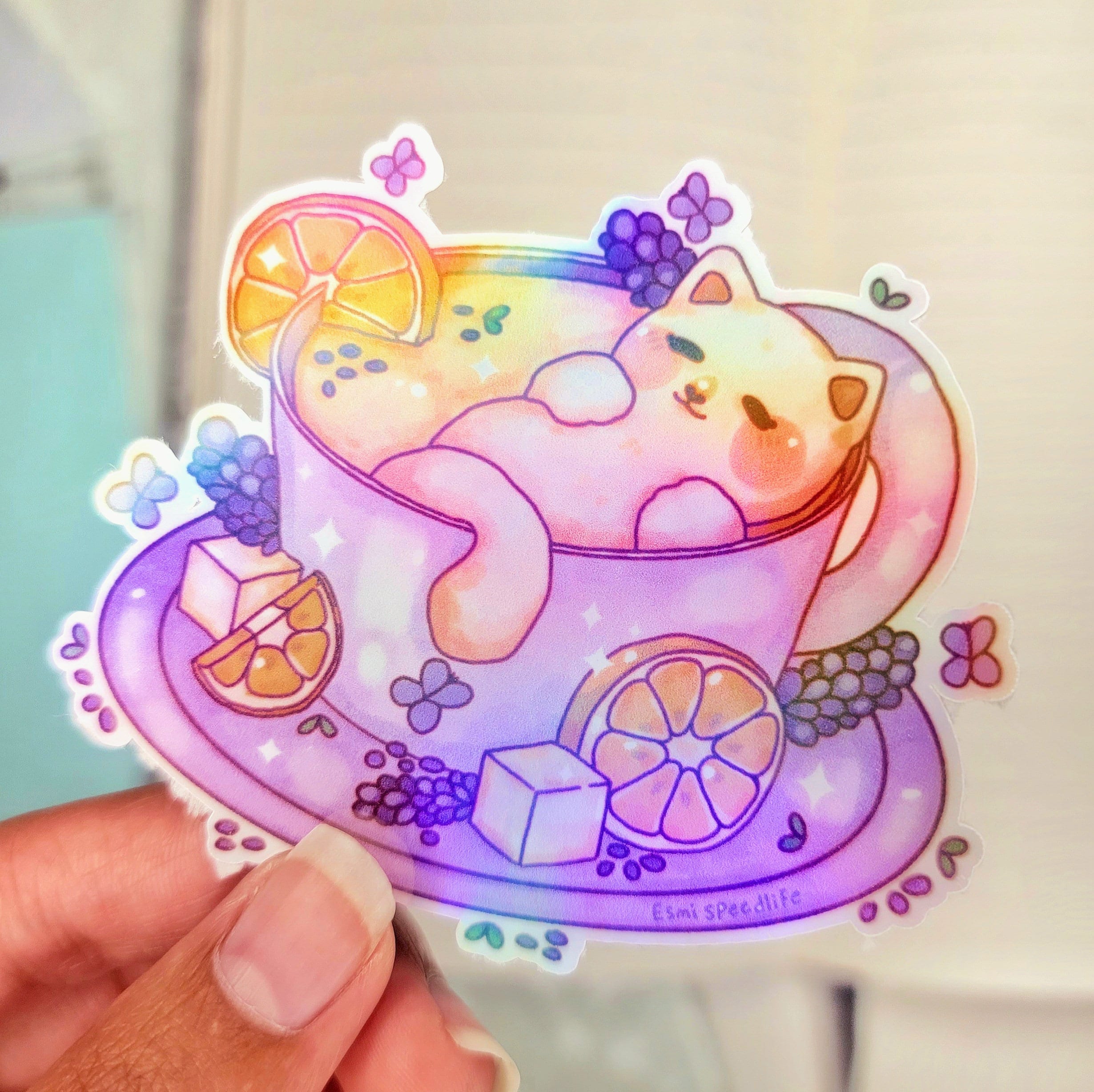 Lavender Lemon Latte Holographic Sticker Food Cat Sticker Latte ...