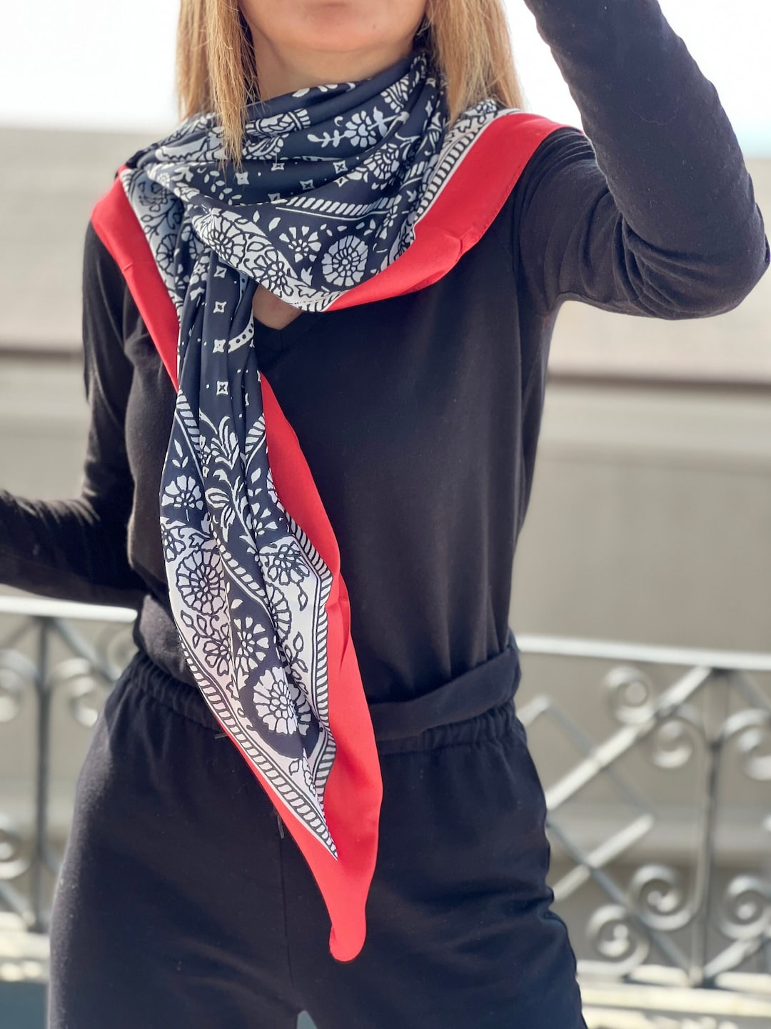Elegant Red Black White Silk Satin Blend Scarf All Season Design Neck ...