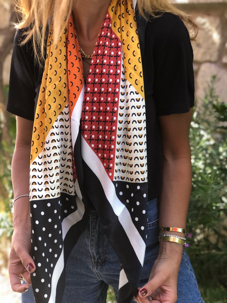Silk Satin Scarf: Colorful Geometric Print Fashion Wrap - Etsy