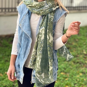 Green and White Ethnic Pattern Large Cotton Scarf for Spring and Autumn ...