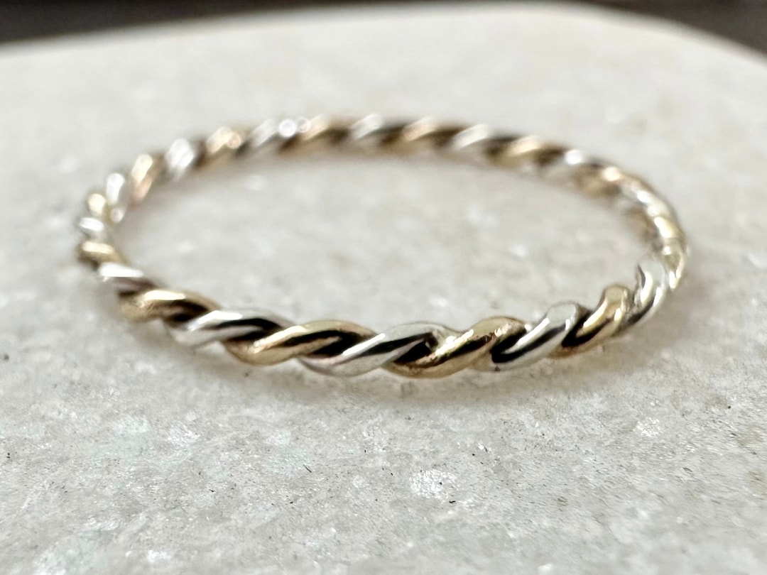 Solid 9ct Yellow Gold and Sterling Silver Ring, Mixed Metal Rope Ring ...