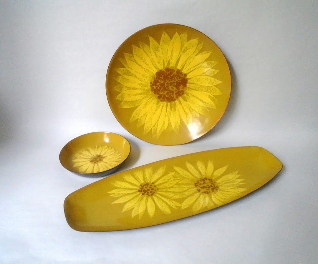 Huge 9 Piece Set of Bovano Enamel-on-copper Sunflowers Trays Bowls ...