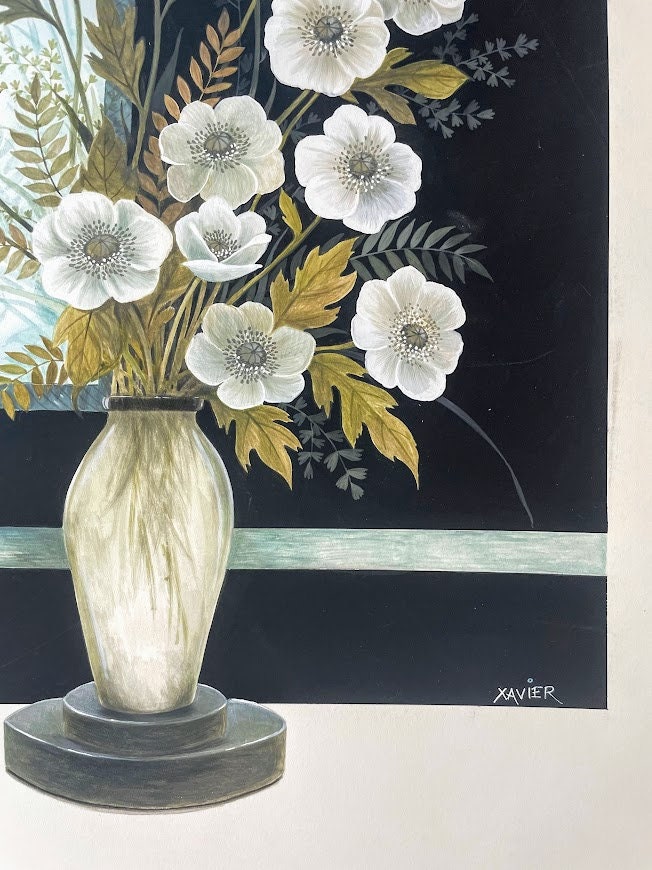 Original 1970s White Flowers Illustration Art Signed Xavier - Etsy
