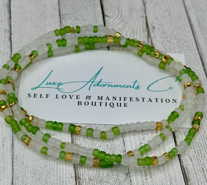 Waist Bead Set (3)- Stretch Waist Beads W/ Clasp - Green | Gold | White ...