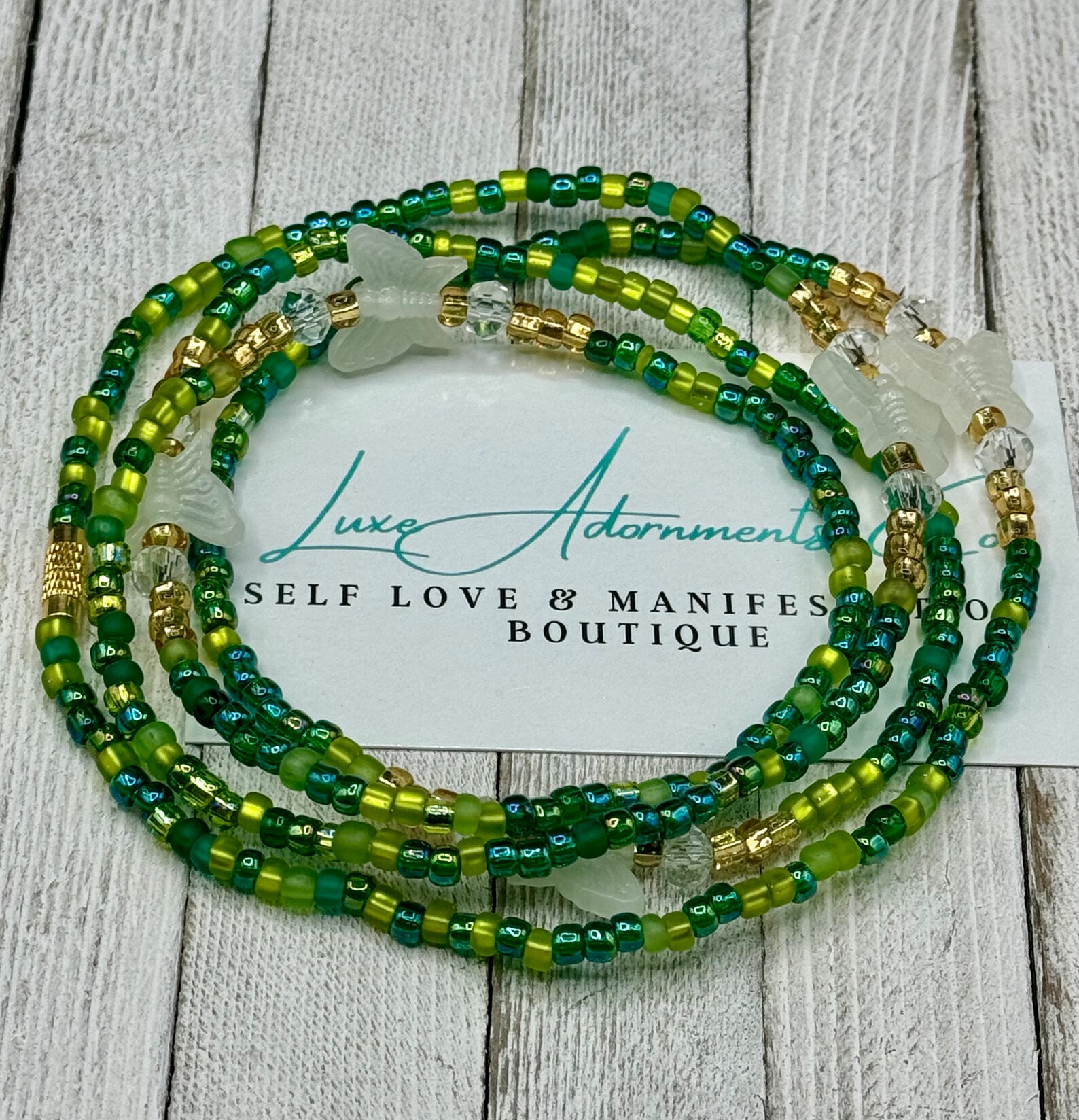 Green & Gold Waist Beads Set(3) W/glowing Butterflies - Money ...
