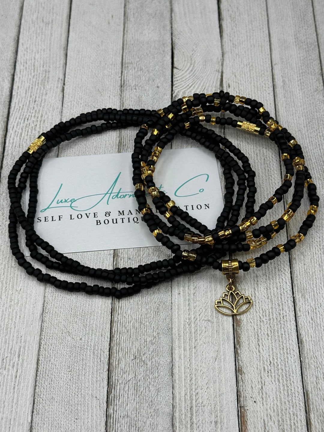 Black & Gold Waist Beads Set W/lotus Charm - Handmade to Order ...