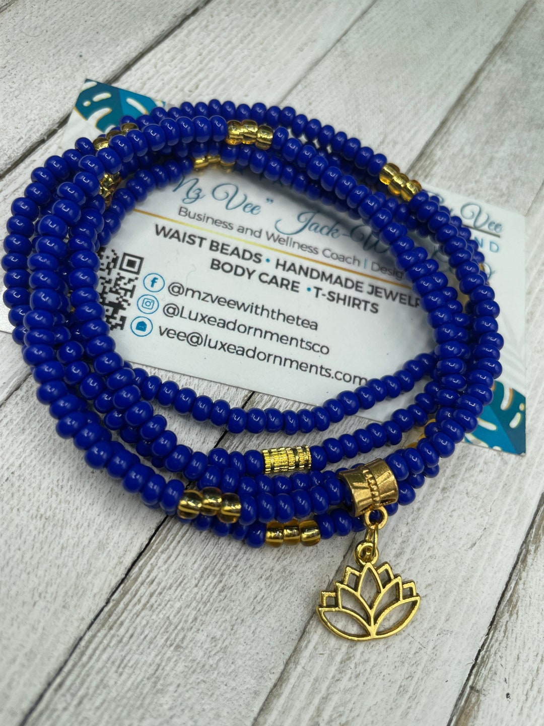 Lotus Waist Bead - Belly Chain - Blue + Gold Body Beads W/lotus Charm ...