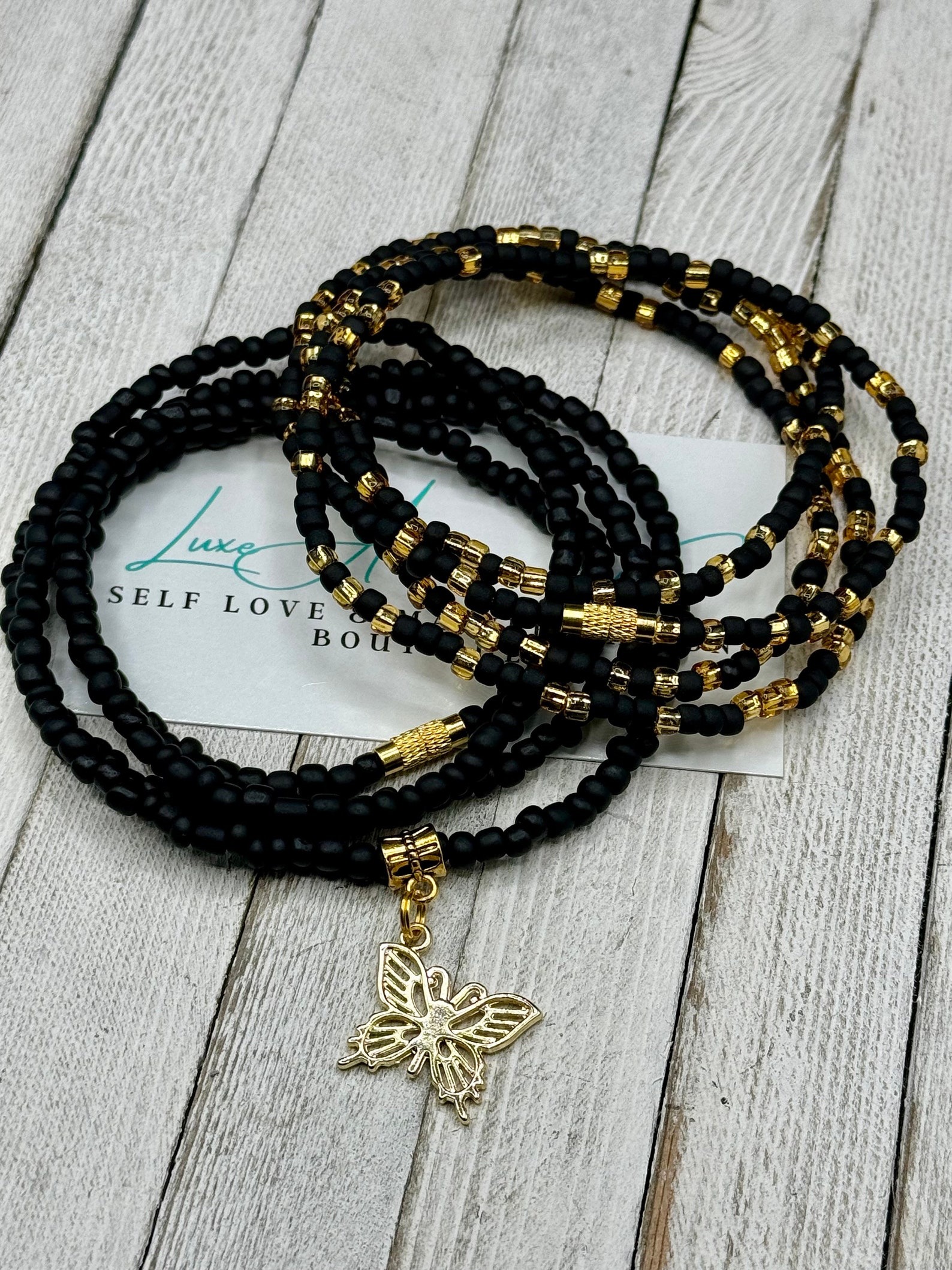 Matte Black African Waist Beads Set W/gold Butterfly Charm - Stretch ...