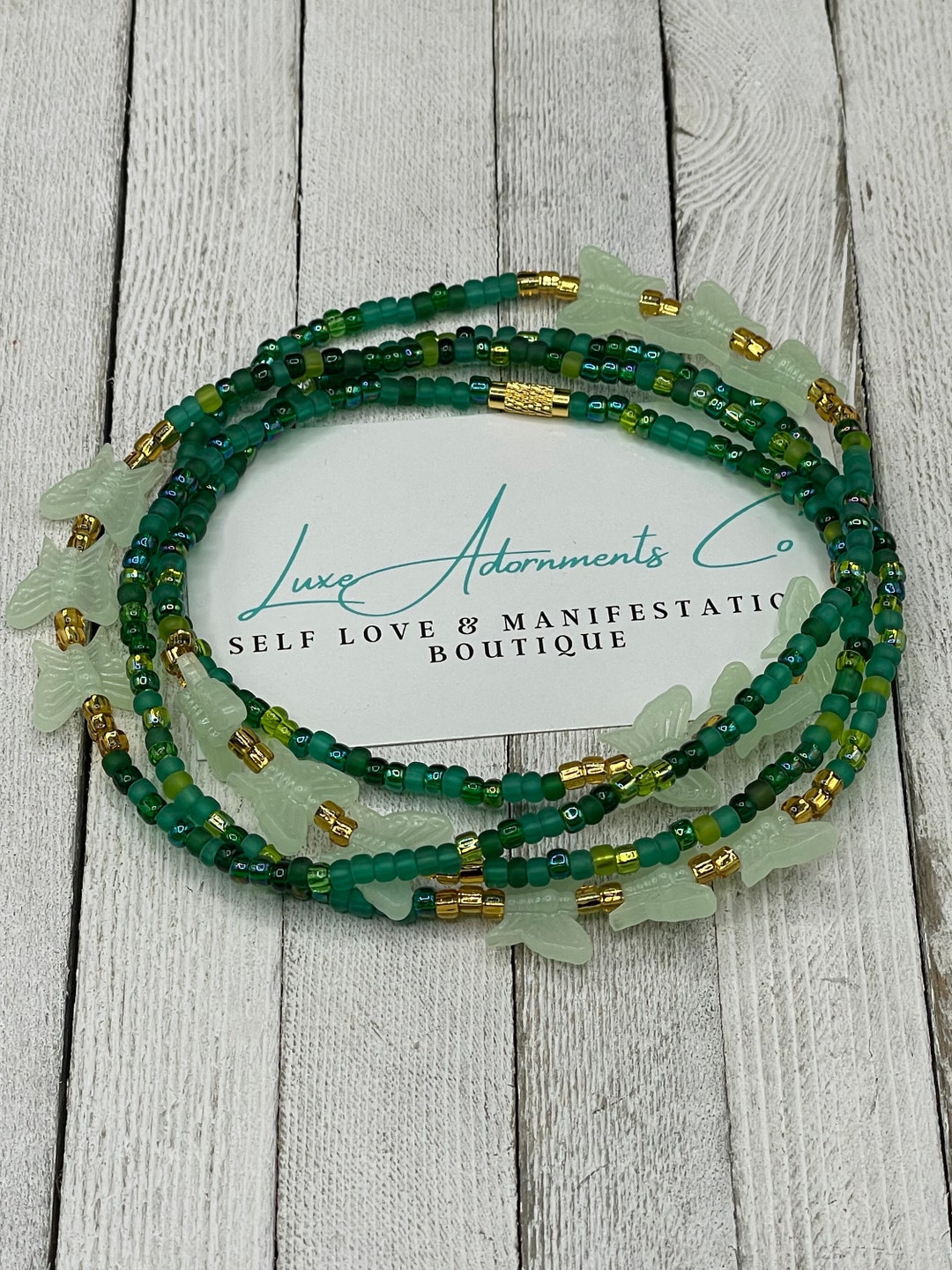 Green & Gold Waist Beads Set W/glowing Butterflies - Money ...