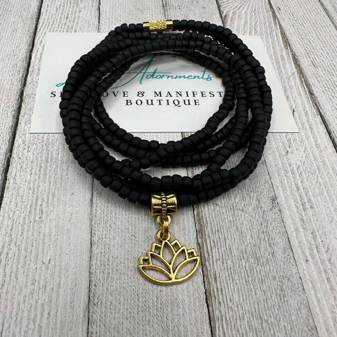 Matte Black African Waist Beads With Gold Lotus Charm - Handmade to ...