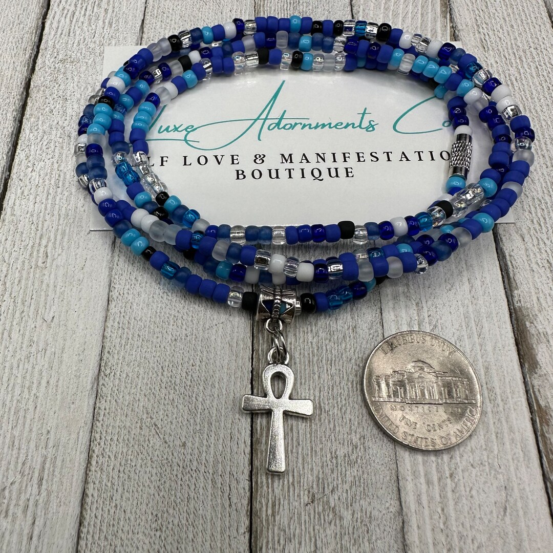 Blue + Clear Waist Beads W/ Ankh Charm - Stretch Belly Chain - Handmade ...
